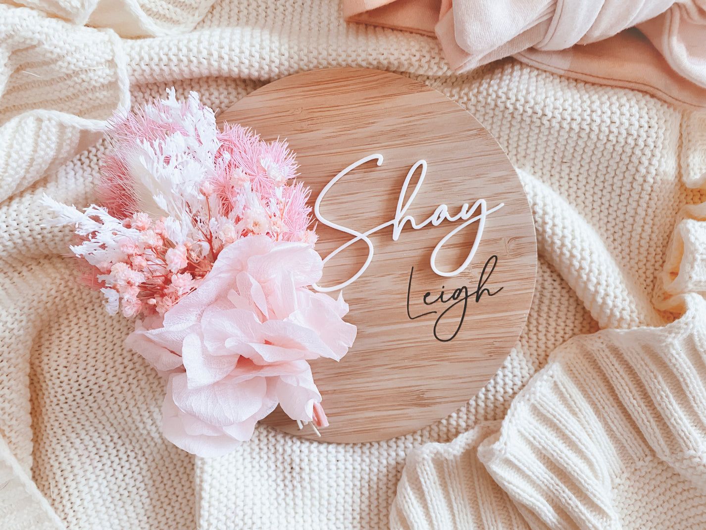 Pretty in pink dried flower birth announcement sign – Penny and Co ...